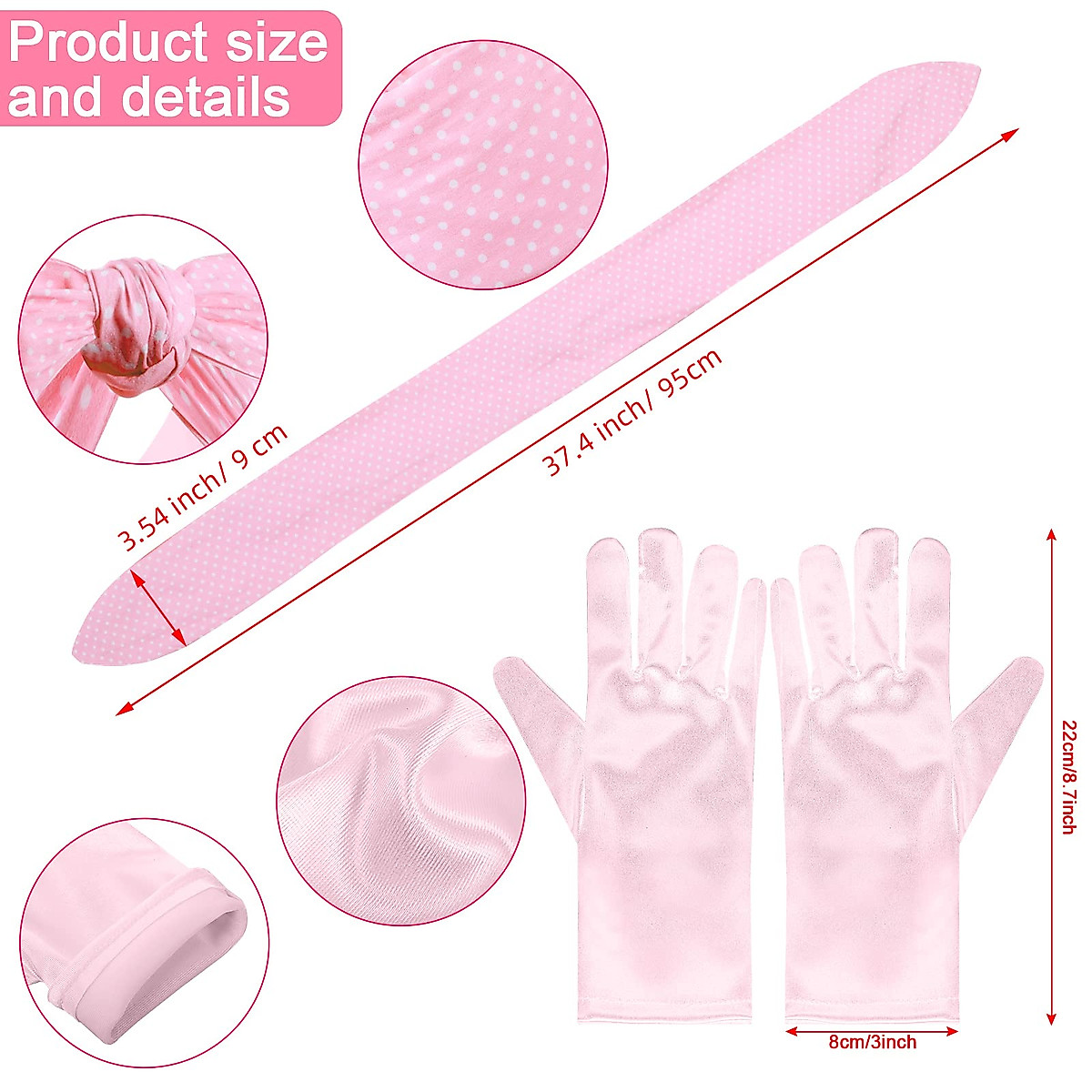 1950's Women Costume Accessories Polka Dot Hairband, Eyeglass, Faux Pearl Necklace, Stud Earring, Gloves (Pink and White)