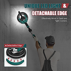 NEU MASTER Drywall Sander, Electric Drywall Sander Variable Speed Pole Sander with Vacuum, 900-1800RPM Foldable Ceiling Sander with 12 Sanding Discs, LED Light, Extendable Handle, Dust Bag and Hose