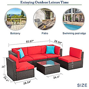 Vongrasig 6 Piece Small Patio Furniture Sets, Outdoor Sectional Sofa All Weather PE Wicker Patio Sofa Couch Garden Backyard Conversation Set with Glass Table,Red Cushions and Blue Pillows (Red)
