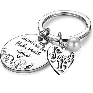 FAMOORE Stay Safe Have Fun Make Good Choices Sweet 16 Years Old Girl Gifts for Birthday, 16th teenage Drivers Keyring, New Driver or Graduation Keychain, Silver, Medium