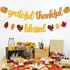 Grateful Thankful Blessed Banner Fall Autumn Leaves Turkey Thanksgiving Day Theme for Happy Thanksgiving Party Supplies Glitter Gold Decorations
