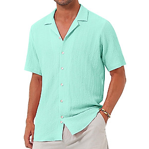 Alimens & Gentle Men's Seersucker Hawaiian Shirts Casual Short Sleeve Button Down Shirt for Men Summer Beach Shirt(Mint Green, Large)