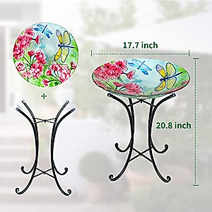 Glass Bird Baths for Outdoors, Outside Birdbaths Garden Bird Feeder with Metal Stand for Garden Patio Lawn Yard Decor 17.7" Dia 20.8” Height Dragonfly