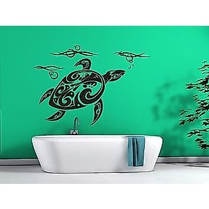 Large Wall Sticker Sea Turtle Carapace Head Sea Waves Vinyl Decal (n338) Black