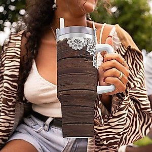 Xiexide 40oz Fits Cup Holder Travel Rustic Western Country Brown Lace Floral Wood Double Walled Vacuum Insulatedith Handle And Straw,Hot & Cold Drinks
