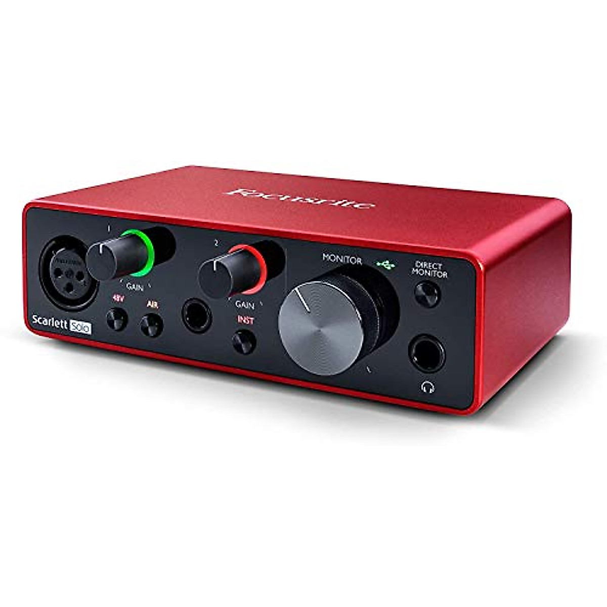 Focusrite Scarlett Solo Studio 3rd Gen USB Audio Interface and Recording Bundle with Monitors (Pair), Microphone Stand, 8mm TS Cable (2-Pack), and Pop Filter (5 Items)