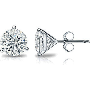The Diamond Deal .10ct (1/10cttw) Carat Round Brilliant Solitaire Lab-Grown Diamond Matini Stud Earrings Women - in 14k White Gold 3-Prong Basket-Setting With Push Backs