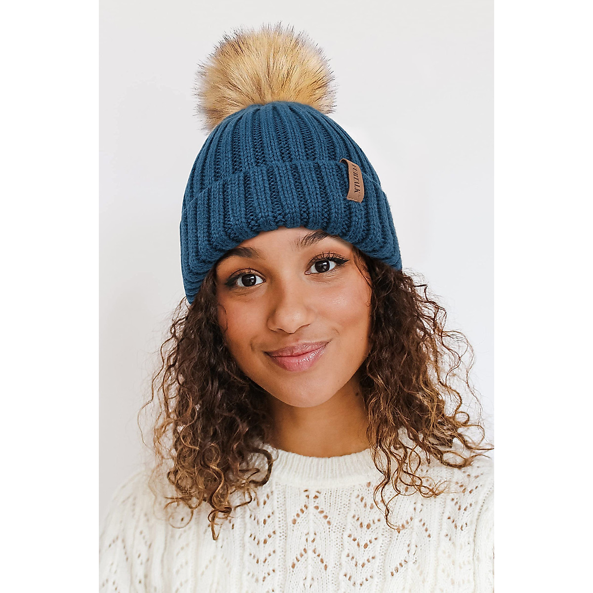 FURTALK Womens Beanie Satin Lined Knitted Beanie with Pom Winter Hats for Women (Blue)