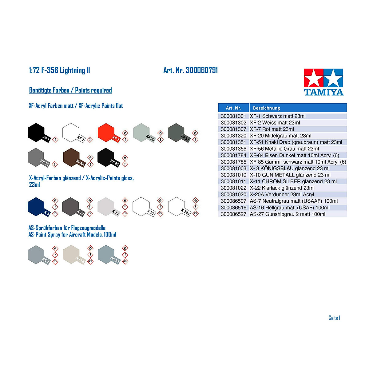 Tamiya 60791-000 F-35B Lightning II, Model Making, Crafts, Hobby, Adhesive, Plastic Kit, Gray