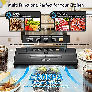 Vacuum Sealer Machine, Veetop Automatic Vacuum Food Sealer with Starter Kit, Dry Moist Pulse Mode Food Storage Machine with Build-in Cutter, Includes 1 Vacuum Roll (8*80”) & 10 Vacuum Seal Bags & 1 Air Suction Hose
