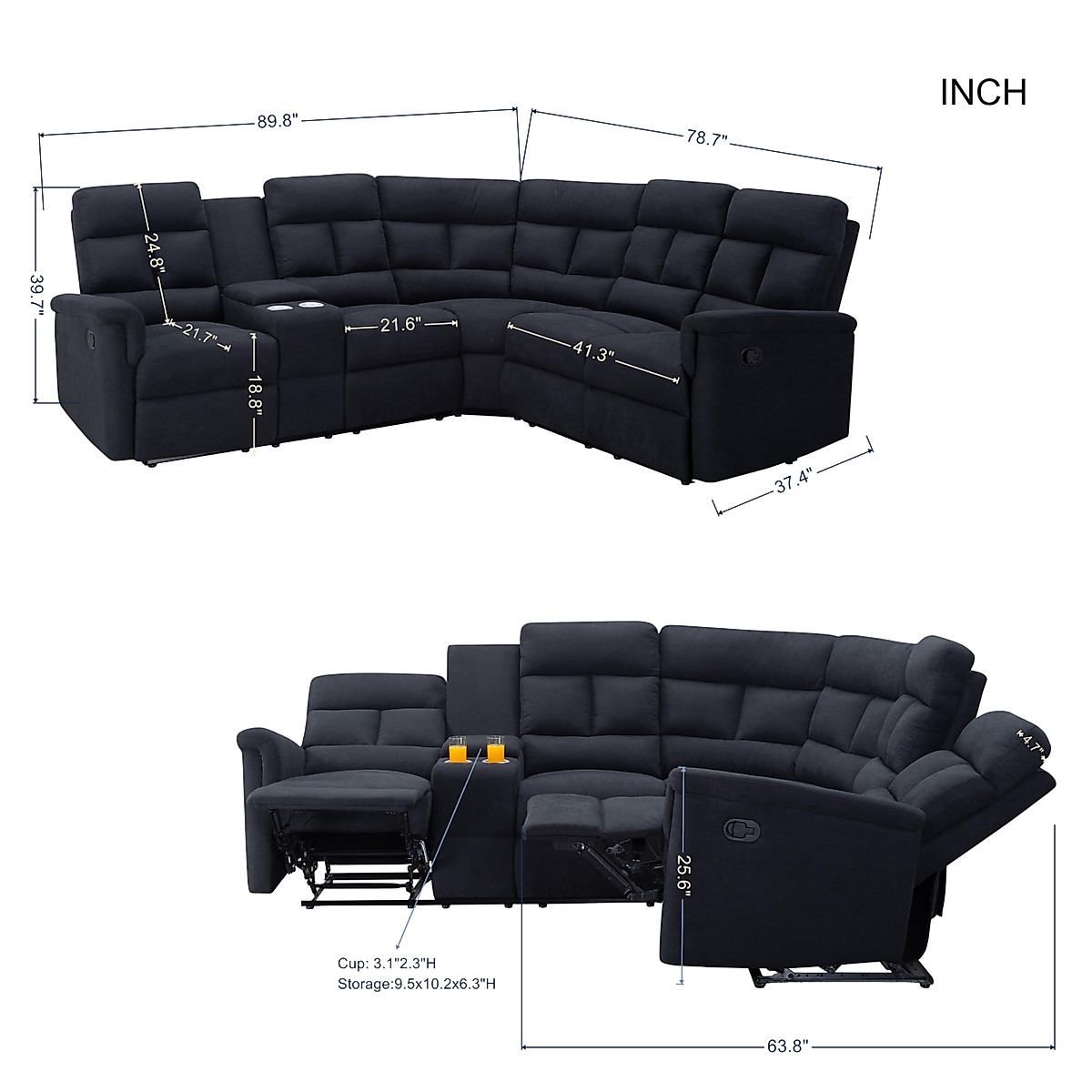 EMKK Modern Manual Reclining Motion Sectional Sofa Corner Leather Upholstered Sofá Curved L-Shaped Couch W 2 Cup Holders for Living Room Furniture Sets Villa/Apartment/Office/Home Theater Lounge Seat