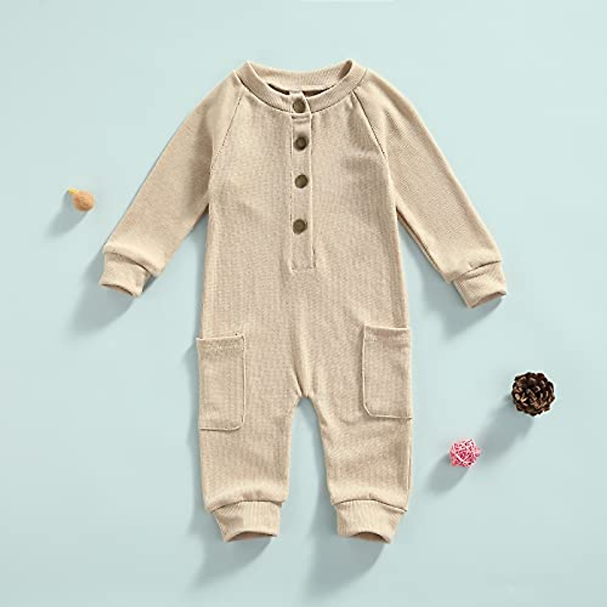 Newborn Baby Girl Boy Clothes Casual Jumpsuit Unisex Infant Solid Color Long Sleeve Romper with Pockets (Khaki, 6-9 Months)