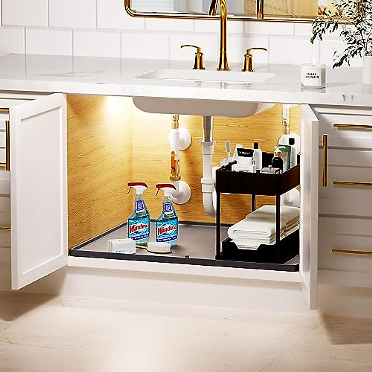 Puricon Under Sink Mat, 28” x 22” Under Sink Mats for Kitchen Waterproof, Silicone Under Sink Liner Under Cabinet Rubber Mat Protector, Flexible Under Sink Drip Tray for 30” Bathroom Cabinet -Gray