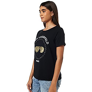 Karl Lagerfeld Paris womens Short Sleeve Sequin Sunglass Tee T Shirt, Sequin Sunglass Black, Medium US