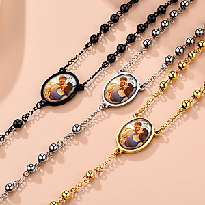 Custom4U Custom Rosary with Picture & Name Personalized Rosary Beads Catholic for Women Photo Pendant Cross Necklace Chain Customized Memorial Religious Jewelry for Women Men