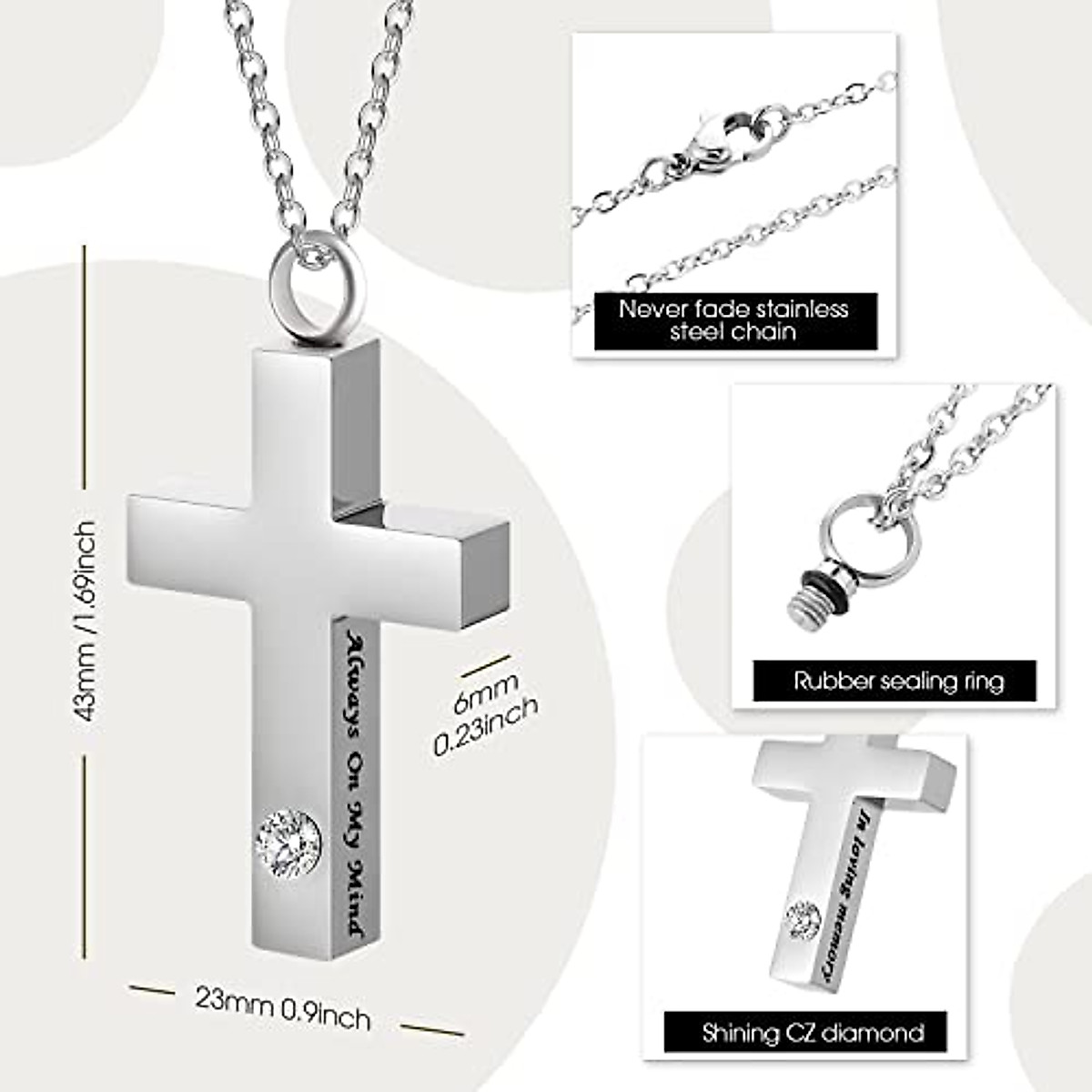 6 Pcs Urn Necklace for Ashe Stainless Steel Cremation Jewelry for Ashes Cross Ashes Necklace Memorial Cross Necklace Urn for Men Women