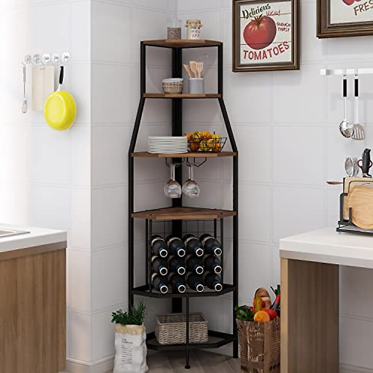 Espelism 5-Tier Corner Wine Rack Freestanding Floor with Glass Holder and Bottles Wine Storage Industrial Bar Cabinets with LED Light for Liquor and Glasses for Living Room Kitchen Home Bar