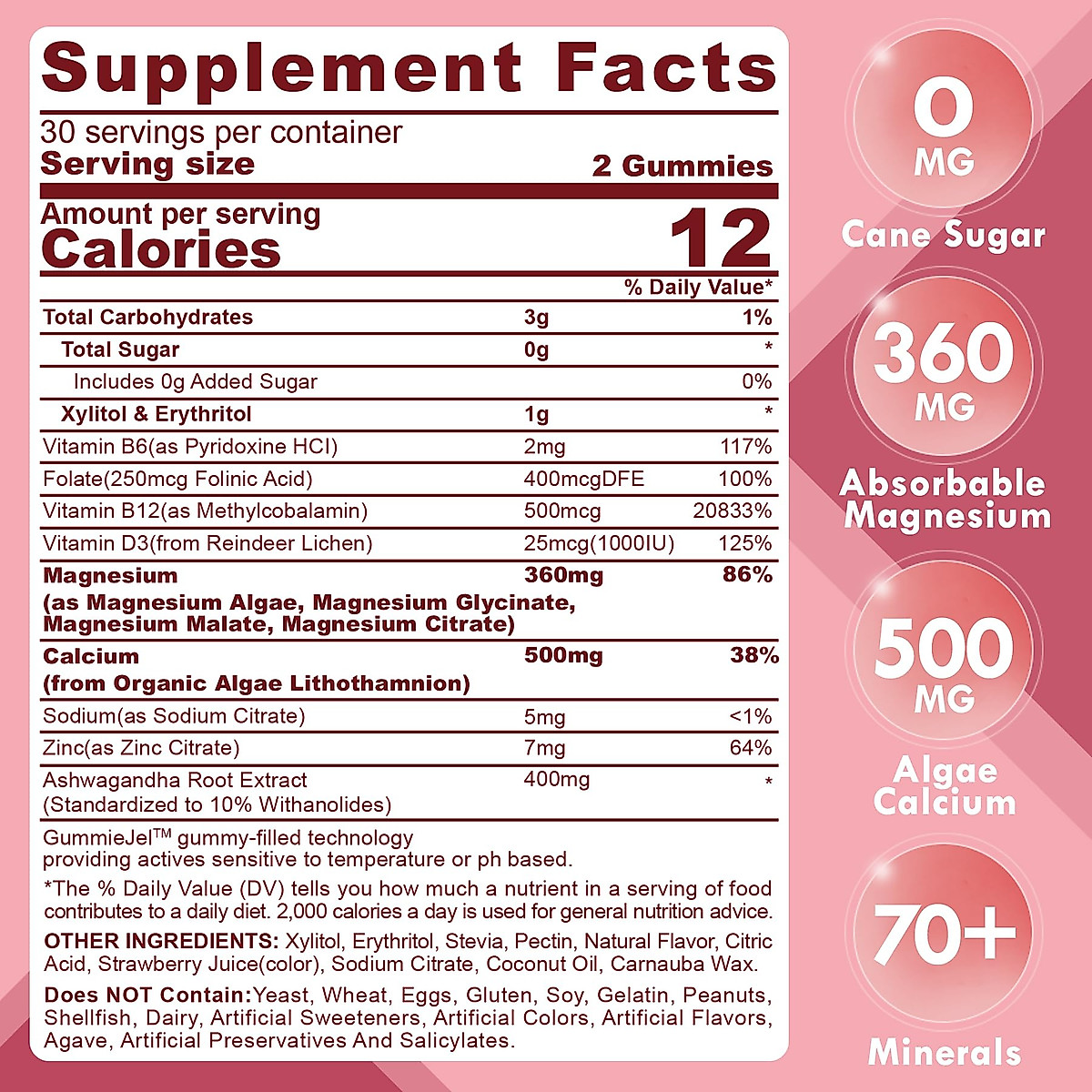 Sugar Free Calcium Magnesium Zinc Gummies, Algae Calcium Magnesium Supplement Plus D3 | 4 Forms of Magnesium - Glycinate, Citrate, Malate, Algae - Support Bone Health, Muscle Function & Nerve, 60 Ct