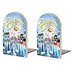 Anime Poster Moon Bookends Wood Book Divider Decorative Shelves Non-Skid Book Stand 2 Pieces for Office Home