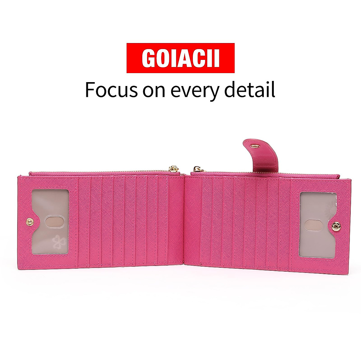 GOIACII Womens Wallet Rfid Blocking Bifold Credit Card Holder with 2 Zipper Pockets Fuchsia