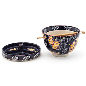 Happy Sales HSRB-BCLBY1, Multi Purpose Japanese Design Ceramic Ramen Udong Soba Tempura Noodle Pho Donburi Rice Tayo Bowl with Chopsticks and Condiment Lid 6" D, Blue Yellow Floral