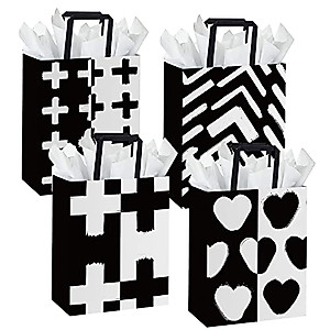 LeZakaa 10" Medium Gift Bags Assortment with Tissue Paper, 4 Pack in White and Black Design for Shopping, Birthday or Any Occasion