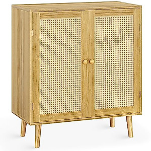 Huuger Buffet Cabinet with Storage, Storage Cabinet with PE Rattan Decor Doors, Accent Cabinet with Solid Wood Feet, Sideboard Cabinet for Hallway, Entry, Living Room, Natural