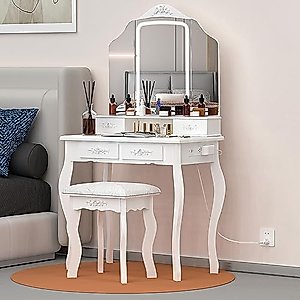 JIFULI Modern Vanity Table Set with Lighted Mirror & Power Outlet, Makeup Table with 4 Drawer, Embedded Lights Dressing Vanity Table with Cushioned Stool for Bedroom, White