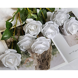 DuHouse 10pcs Fake Roses Artificial Silk Flowers Faux Rose Flower Long Stems Bouquet for Arrangement Wedding Centerpiece Party Home Kitchen Decor (Pure White)