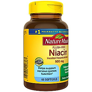 Nature Made Flush Free Niacin 500 mg, Dietary Supplement for Nervous System Support, 60 Softgels, 60 Day Supply