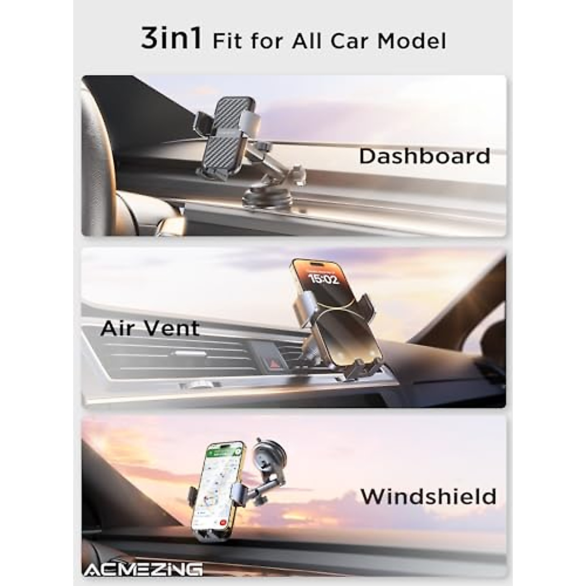 ACMEZING 3-in-1 Car Phone Holder Mount 【Extreme Terrain Stability】 Dashboard Windshield Air Vent 【Double Metal Hook】 Cell Phone Holders for Your Car for iPhone Samsung All Smartphones & All Car Model