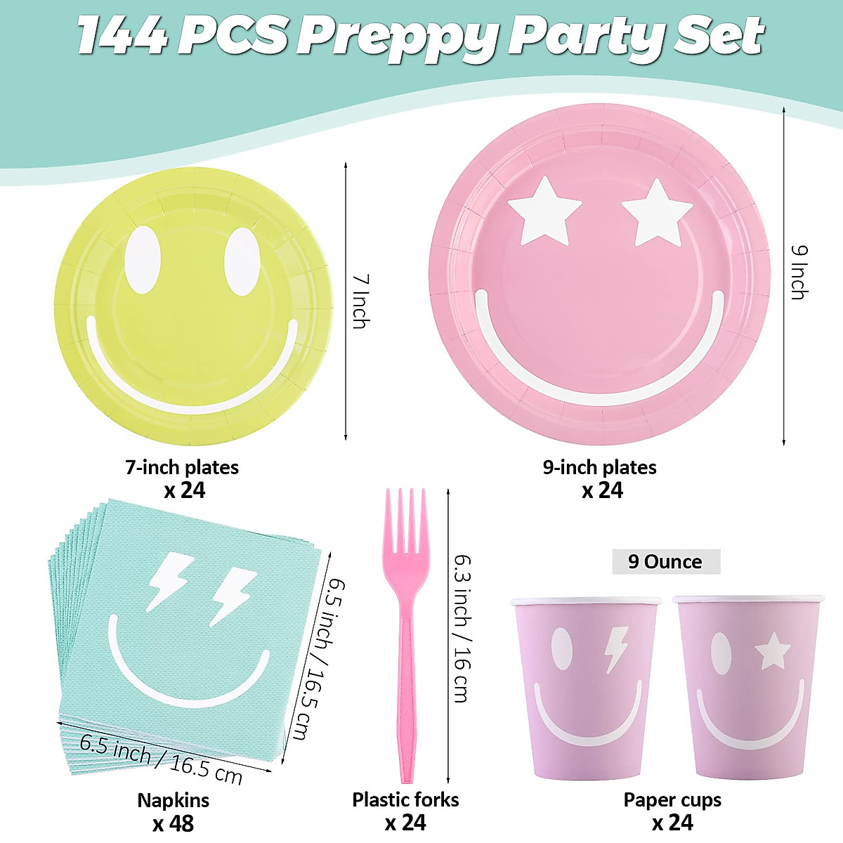 durony 144 Pieces Preppy Smile Face Party Tableware Set Party Decorations Include Smile Face Paper Plates Napkins Cups and Forks for Preppy Birthday Party Baby Shower Decor, Serve 24 Guest