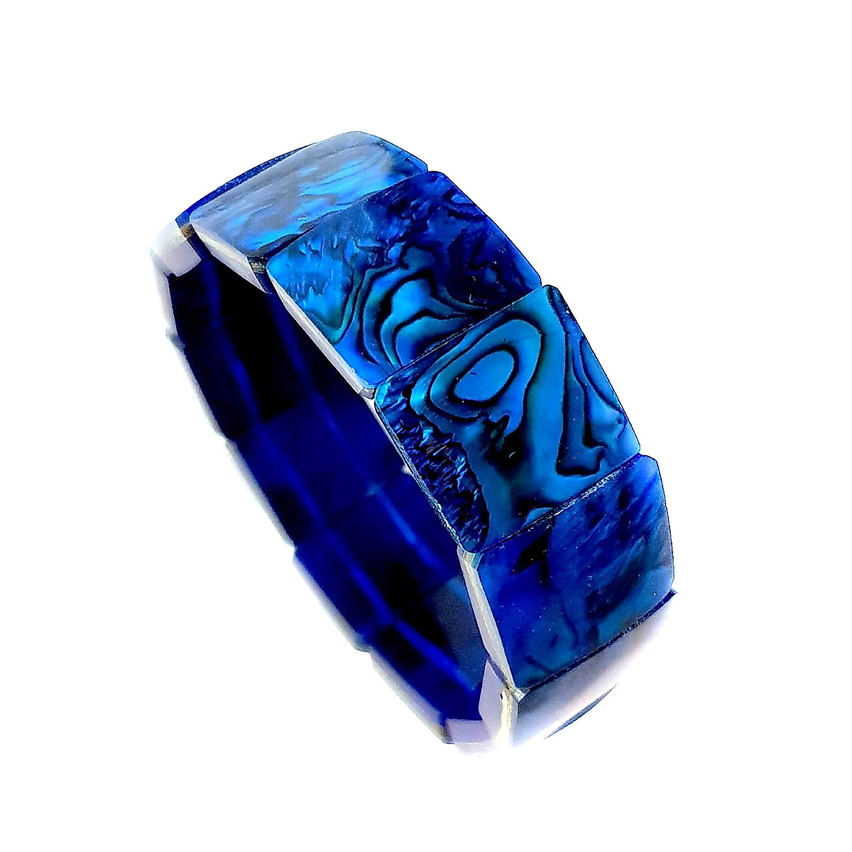Swimmi Natural Abalone Shell Stretchable Cuff Bracelet Set in Blue Resin Handmade Women Paua Jewelry DA492-B