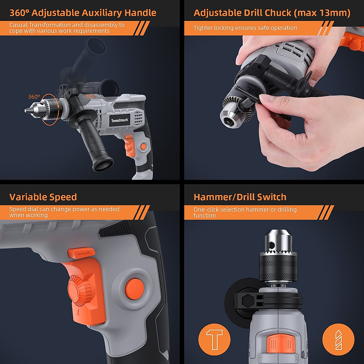 Towallmark 7-Amp (850W) Hammer Drill, 1/2-Inch Corded Electric Hammer Drill with 3000RPM, Variable Speed, 10 Drill Bits for Home Improvement, DIY, Steel, Masonry, Wood (NOT for Reinforced Concrete)