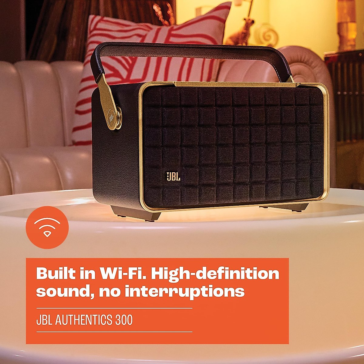 JBL Authentics 300 - Retro Style Wireless Bluetooth/WiFi Home Speaker, Built in Battery (4800mAh), Music Streaming Services via Built-in Wi-Fi, Built in Alexa and Google Assistant