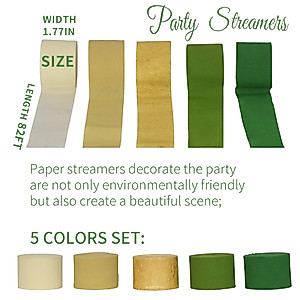 Kiwayo Sage Green & Gold Party Decorations Paper Streamers (5 Rolls) for Camp Bachelorette, Baby Shower, Wedding, Bridal Shower, Engagement Woodland Party Supplies Décor - Boho Craft