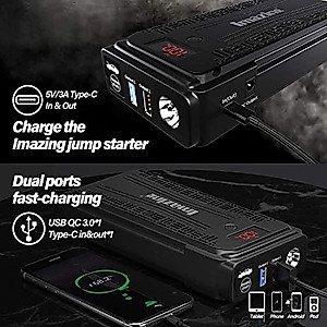Imazing Portable Car Jump Starter - 2500A Peak 20000mAH (Up to 8L Gas or 8L Diesel Engine) 12V Auto Battery Booster Portable Power Pack with Jumper Cables, QC 3.0 and LED Light