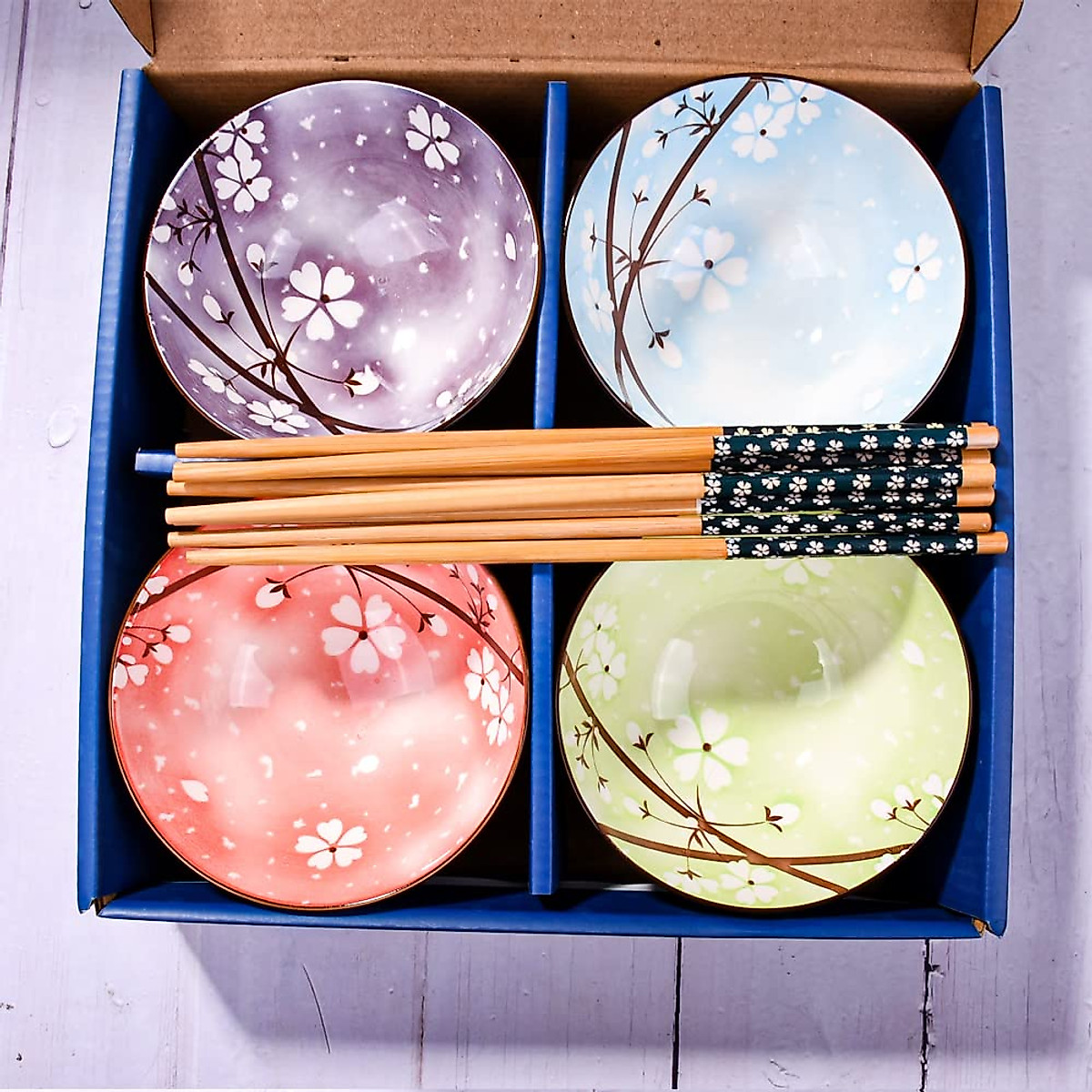 LMRLCS Japanese Rice Bowls and Chopstick set of 4 with Delicate Box