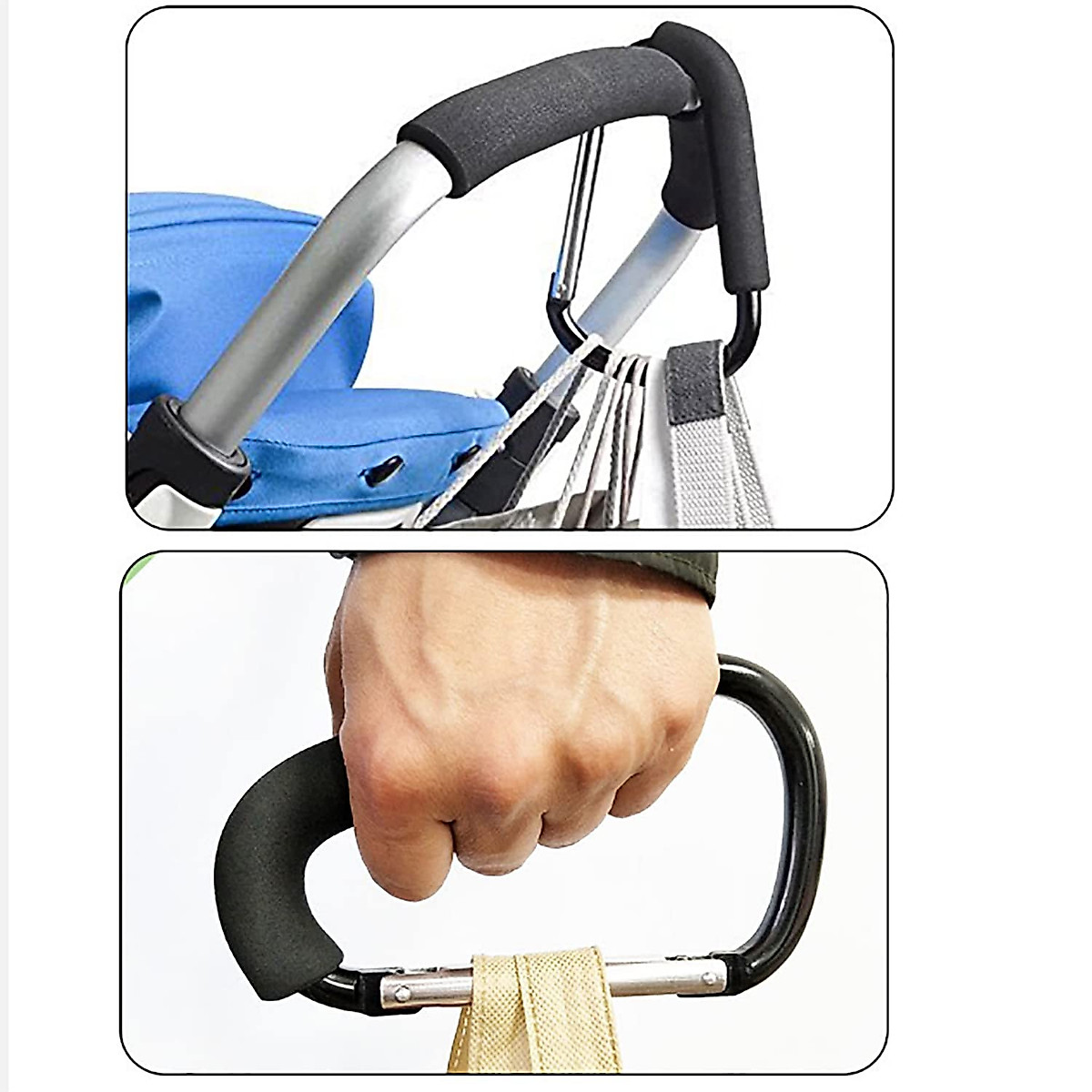 MroMax 3PCS Stroller Hooks, 5.5inches Carabiner Clip, Green Easier Travel Hook, Dog Stroller Leash Hook, Soft Foam Grip, Purse Holder, Large Clips for Hanging Bags, Backpack, Diaper Organizer