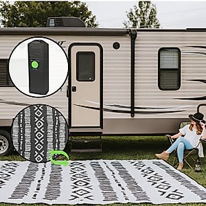 Glamplife Recycled Plastic Rug, 9x12 Rv mat, Black and White Camping Rugs for Outside Your RV, Large Indoor Outdoor Rugs for Awnings, Patio Rug, Outdoor Carpet Waterproof