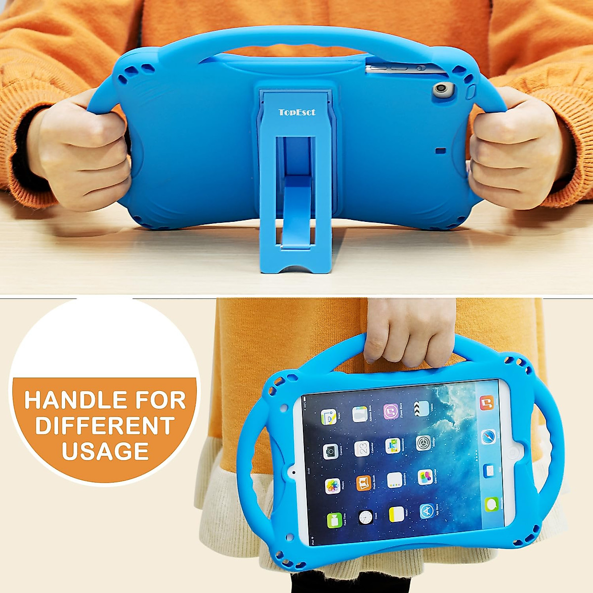 TopEsct Kids Case for iPad Mini 3, 2, 1 with Tempered Glass Screen Protector and Strap, Silicone Shockproof Cover for iPad Mini and iPad Mini 2(Blue)