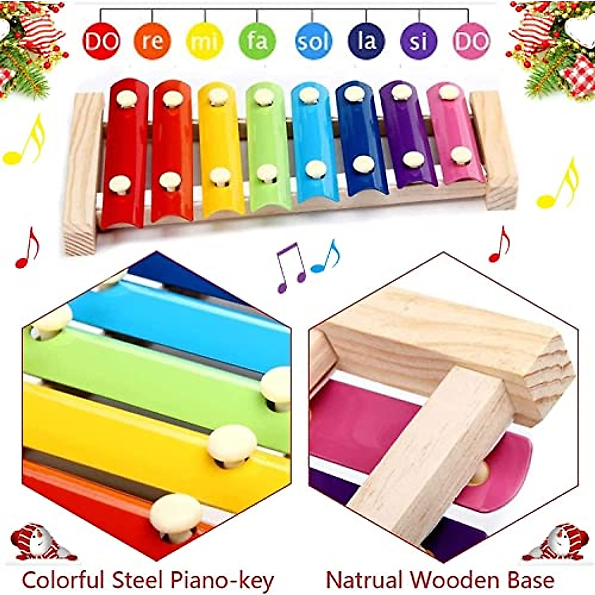 Viowey 2PCS Chicken Xylophone Toys, Chicken Mirror, Chicken Pecking Toy, Suspensible Wood Xylophone Toy with 8 Metal Keys for Hens Parrots