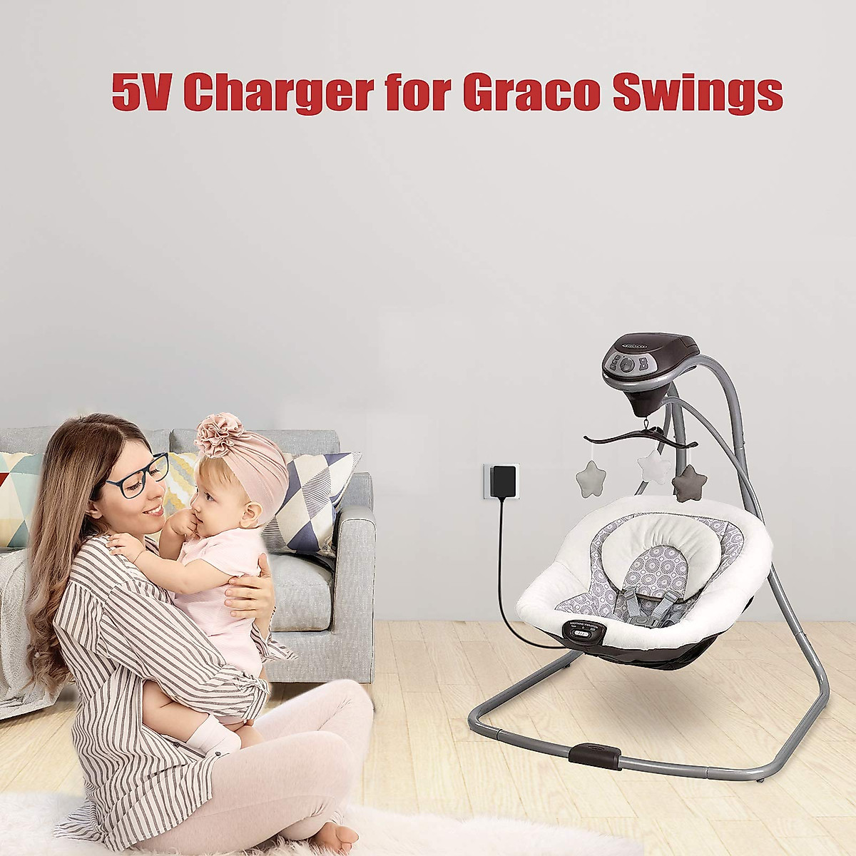 5V Baby Swing Replacement Power Cord Compatible with Swing, Simple Swing, Glider LX, Glider Elite, Glider Petite LX, Sweetpeace, Sweet Snuggle, DuetConnect LX, DuetSoothe AC Adapter (6.6FT)