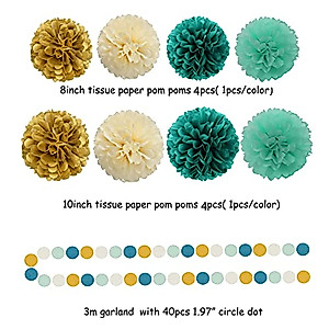 Teal-Blue Mint Beige-Gold Birthday Party Decorations - 31pcs Tissue Pom Poms Streamers,Baby Shower Decorations Girl Women Tassel Garland,25th 30th 40th 50th Happy Birthday Banner Decor Panduola