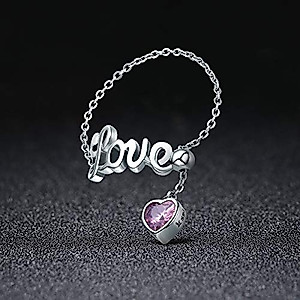 Love Statement Wedding Band Rings Sterling Silver Pink Crystal Cubic Zirconia Adjustable Tassel Link Chain Stackable Eternity Promise Ring for Women