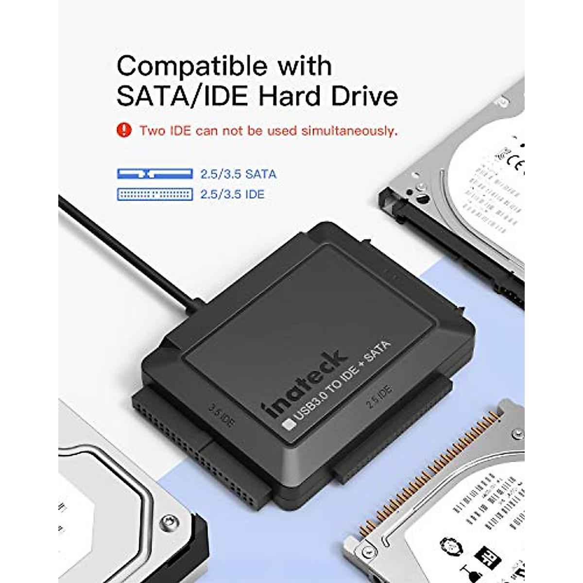 Inateck USB 3.0 to IDE/SATA External Hard Drive Reader Applicable to 2.5"/3.5" HDD/SSD, with 12V/2A Power Supply, SA03001