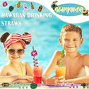 Hawaiian Luau Party Favor Drinking Straws (24 Pcs) Summer Beach Pool Birthday Party Supplies Reusable Plastic Drink Straw for Tropical Luau Party (2 Pcs Cleaning Brushes inside)…