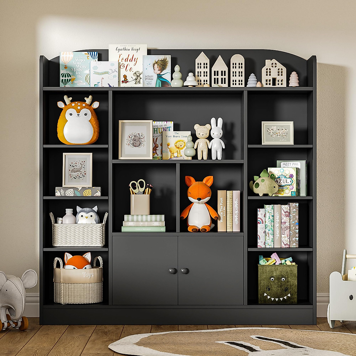 DIYART Black Kids Bookshelf, Display Bookcase with 11 Cubbies and 2 Cabinets, Freestanding Book Storage Shelves for Bedroom, Playroom, Hallway