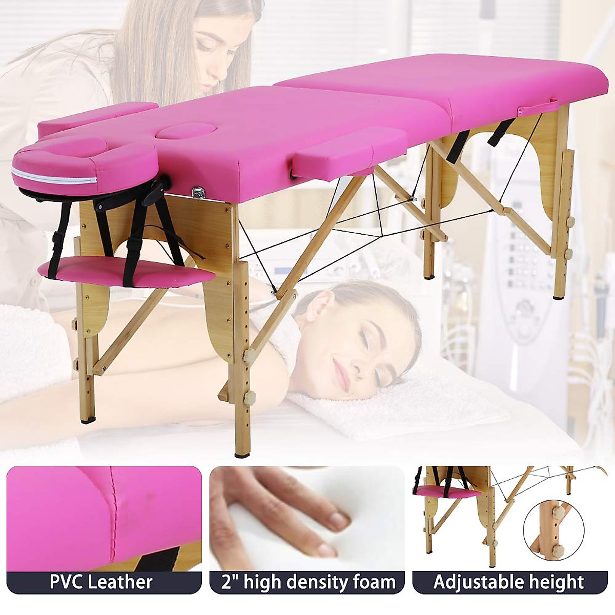 Portable Massage Table Spa Bed Folding 84 Inch Height Adjustable 2 Fold Massage Bed with Carry Case PU Leather Professional Facial Salon Tattoo Lash Bed with Face Cradle, Hold Up To 450Lbs, Pink