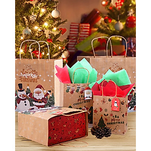 IGbunify 24 Pcs Assorted Sizes Christmas Kraft Gift Bags with Handles，Christmas Goody Bags for Xmas School Gift Wrapping and Party Favors-3 Pattern & 3 Sizes